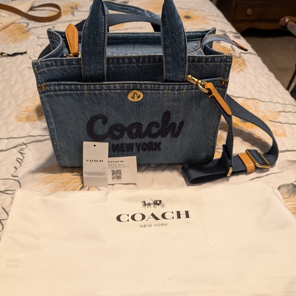 Coach | Bags | Coach Blue Denim Tote Bag With Leather Trim | Poshmark